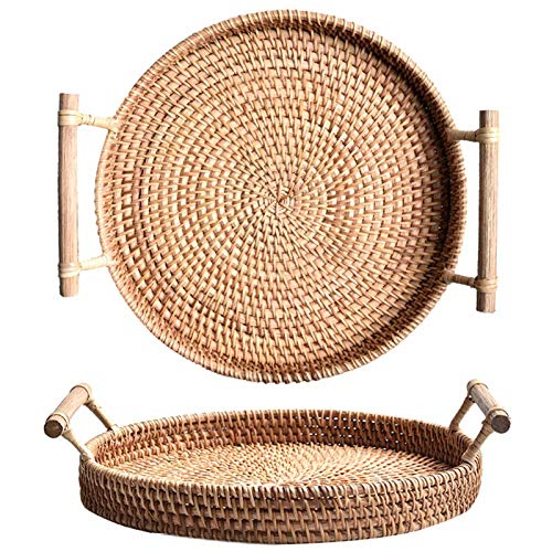 YANGQIHOME Rattan Round Bread Serving Basket Handcrafted Bread Serving Tray Platter with Wooden Handle (11 inch / 28cm)