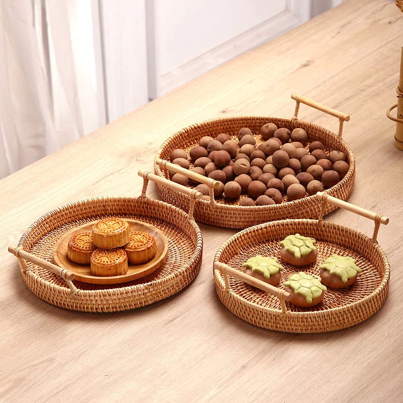 YANGQIHOME Rattan Round Bread Serving Basket Handcrafted Bread Serving Tray Platter with Wooden Handle (11 inch / 28cm)