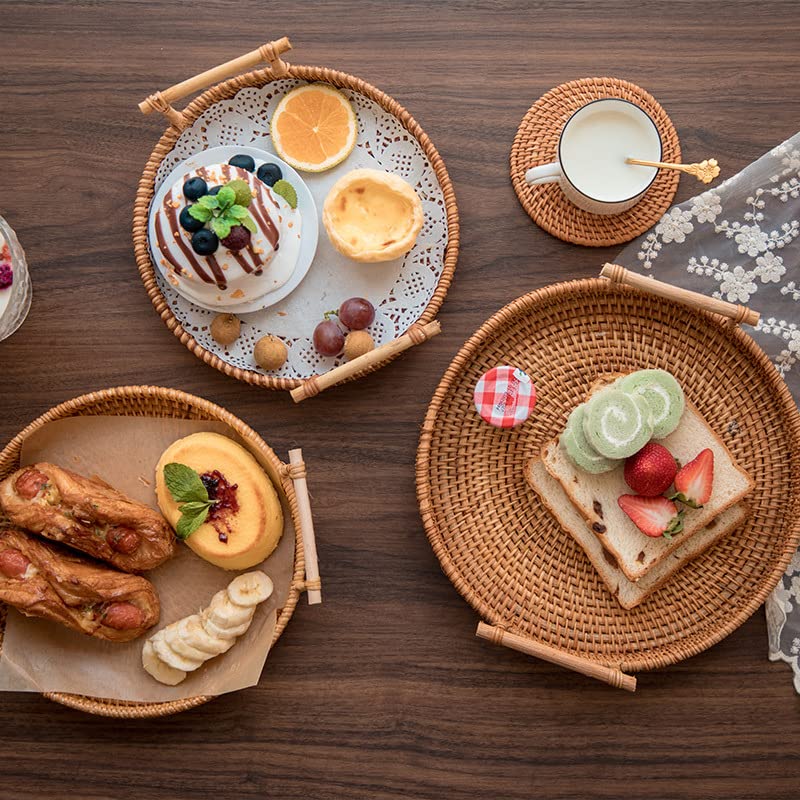 YANGQIHOME Rattan Round Bread Serving Basket Handcrafted Bread Serving Tray Platter with Wooden Handle (11 inch / 28cm)