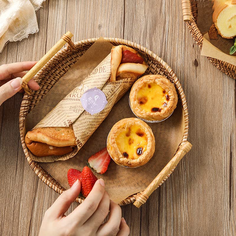 YANGQIHOME Rattan Round Bread Serving Basket Handcrafted Bread Serving Tray Platter with Wooden Handle (11 inch / 28cm)