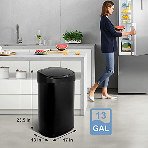 R/E Automatic Sensor Trash Can Kitchen Trash Can 13 Gallon Garbage Can High-Capacity Touch Free Waste Bin Stainless Steel Trash Can with Lid for Kitchen Office Bathroom Bedroom,Black