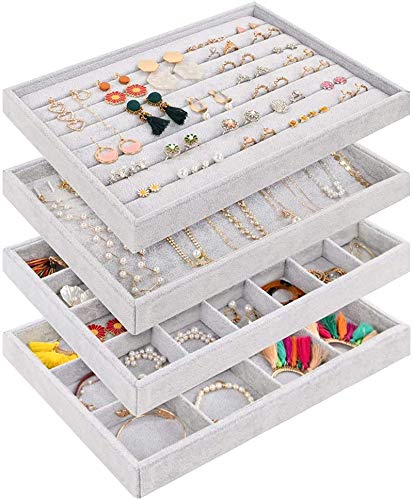 Mebbay Stackable Velvet Jewelry Trays Organizer, Jewelry Storage Display Trays for Drawer, Earring Necklace Bracelet Ring Organizer, Set of 4 (Grey)