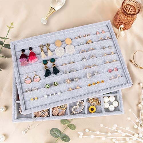 Mebbay Stackable Velvet Jewelry Trays Organizer, Jewelry Storage Display Trays for Drawer, Earring Necklace Bracelet Ring Organizer, Set of 4 (Grey)