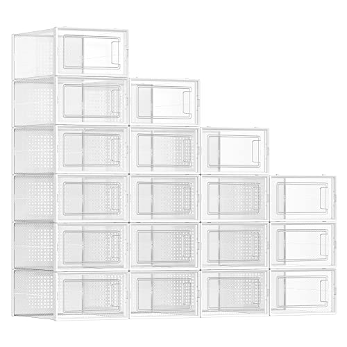 SONGMICS Shoe Boxes, Set of 18 Shoe Storage Organizers, Stackable and Foldable for Sneakers, Fit up to US Size 11, Transparent and White ULSP18SWT