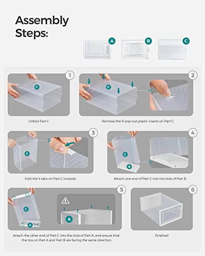 SONGMICS Shoe Boxes, Set of 18 Shoe Storage Organizers, Stackable and Foldable for Sneakers, Fit up to US Size 11, Transparent and White ULSP18SWT