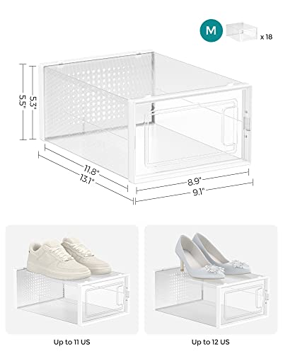 SONGMICS Shoe Boxes, Set of 18 Shoe Storage Organizers, Stackable and Foldable for Sneakers, Fit up to US Size 11, Transparent and White ULSP18SWT