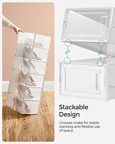 SONGMICS Shoe Boxes, Set of 18 Shoe Storage Organizers, Stackable and Foldable for Sneakers, Fit up to US Size 11, Transparent and White ULSP18SWT