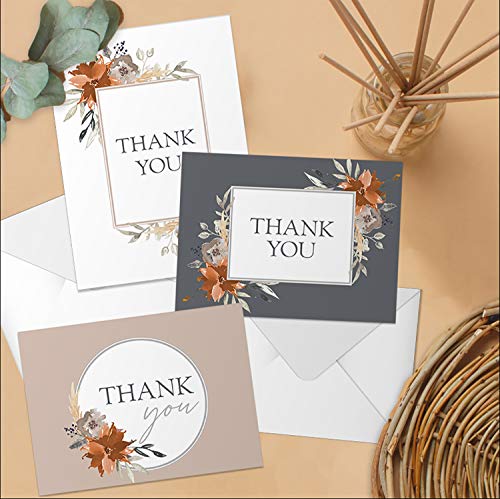 Canopy Street Indie Autumn Floral Thank You / 24 Cards, Six Designs/Boho Gray and Orange Floral