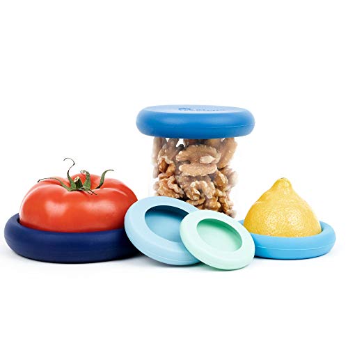 Food Huggers 5pc Reusable Silicone Food Savers | BPA Free & Dishwasher Safe | Fruit & Vegetable Produce Storage for Onion, Tomato, Lemon, Banana, Cans & More | Round, Ice Blue