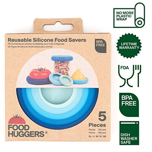 Food Huggers 5pc Reusable Silicone Food Savers | BPA Free & Dishwasher Safe | Fruit & Vegetable Produce Storage for Onion, Tomato, Lemon, Banana, Cans & More | Round, Ice Blue