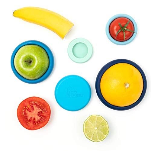 Food Huggers 5pc Reusable Silicone Food Savers | BPA Free & Dishwasher Safe | Fruit & Vegetable Produce Storage for Onion, Tomato, Lemon, Banana, Cans & More | Round, Ice Blue