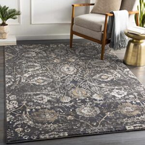 hauteloom owatonna rustic farmhouse living room bedroom dining room area rug - persian style - traditional floral look - dark brown, grey, black, cream - 5'3" x 7'3"