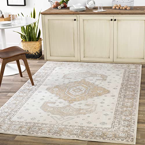 Hauteloom Southwark Oriental Medallion Traditional Farmhouse 9' x 12'4" Living Room Bedroom Area Rug - Bohemian Vintage Distressed - Brown, Beige, Cream, Mustard