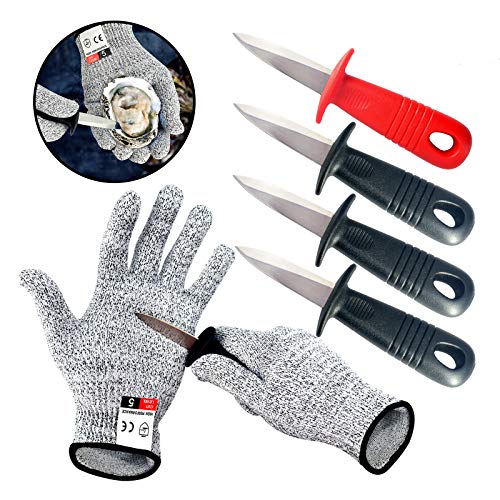 Oyster Knives with Grey Cut Resistant Gloves Set, Oyster Shucking Knife with Black Plastic Non-Slip Handle, Opener Kit Tools for Oyster Clam Shellfish Seafood