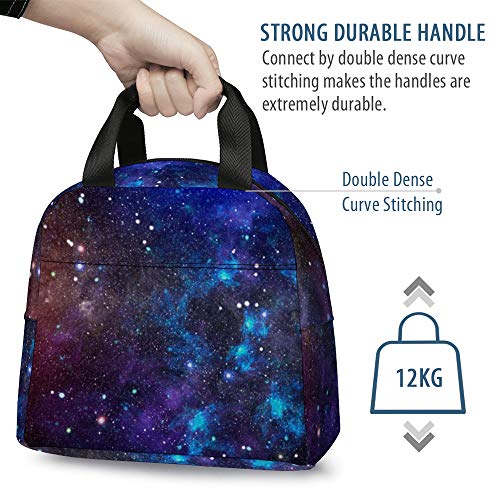 Outer Space Galaxy Lunch Bag, Reusable Tote Bag Lunch Box for Boys and Girls, Insulated Cooler Box Lunch Container with Front Pocket for Women Men Outdoor Picnic Fishing Travel Work (Midnight Blue)