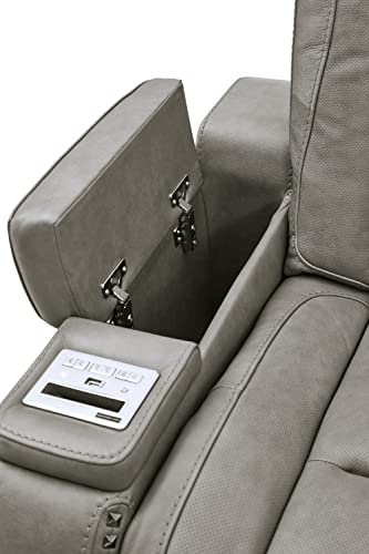 Signature Design by Ashley The Man-Den Leather Power Reclining Loveseat with Center Console, Adjustable Headrest & Wireless Charging, Gray