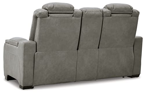 Signature Design by Ashley The Man-Den Leather Power Reclining Loveseat with Center Console, Adjustable Headrest & Wireless Charging, Gray