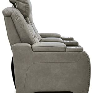 Signature Design by Ashley The Man-Den Leather Power Reclining Loveseat with Center Console, Adjustable Headrest & Wireless Charging, Gray