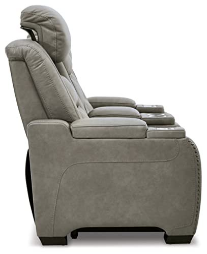 Signature Design by Ashley The Man-Den Leather Power Reclining Loveseat with Center Console, Adjustable Headrest & Wireless Charging, Gray