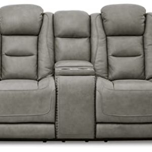 Signature Design by Ashley The Man-Den Leather Power Reclining Loveseat with Center Console, Adjustable Headrest & Wireless Charging, Gray