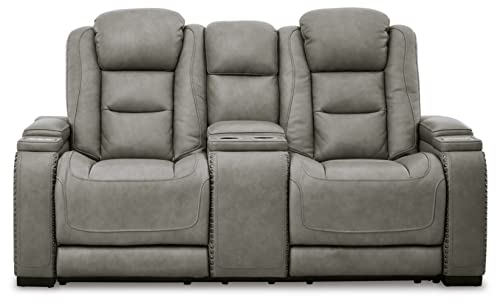 Signature Design by Ashley The Man-Den Leather Power Reclining Loveseat with Center Console, Adjustable Headrest & Wireless Charging, Gray