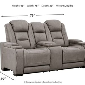 Signature Design by Ashley The Man-Den Leather Power Reclining Loveseat with Center Console, Adjustable Headrest & Wireless Charging, Gray