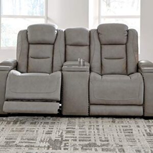 Signature Design by Ashley The Man-Den Leather Power Reclining Loveseat with Center Console, Adjustable Headrest & Wireless Charging, Gray