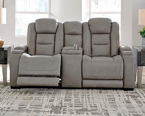 Signature Design by Ashley The Man-Den Leather Power Reclining Loveseat with Center Console, Adjustable Headrest & Wireless Charging, Gray