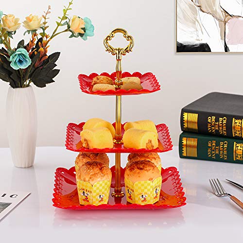 Red Square-Large 3 Tiered Serving Stand Tray Cake Stands Cupcake Holder Dessert Stand Table Decorations for Party Kids Birthday Tea Party Baby Shower