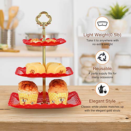 Red Square-Large 3 Tiered Serving Stand Tray Cake Stands Cupcake Holder Dessert Stand Table Decorations for Party Kids Birthday Tea Party Baby Shower