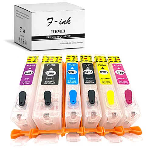 F-ink 6 Colors Empty Refillable Ink Cartridges Replacement for Canon 280xxl 281xxl PGI-280XXL CLI-281XXL for PIXMA TS9120 TS8120 TS8220 TS8320 Printer ( PGBK,BK,C,M,Y,Photo Blue )