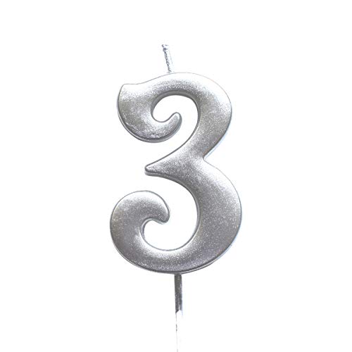 MAGJUCHE Silver 3rd Birthday Numeral Candle, Number 3 Cake Topper Candles Party Decoration for Girl Or Boy