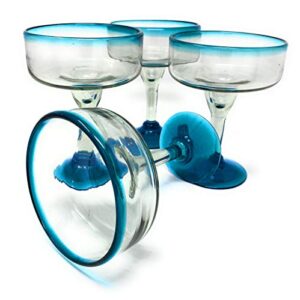 mexican hand blown glass – set of 4 hand blown margarita glasses (16 oz) with aqua blue rims