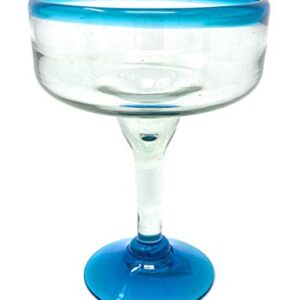 Mexican Hand Blown Glass – Set of 4 Hand Blown Margarita Glasses (16 oz) with Aqua Blue Rims