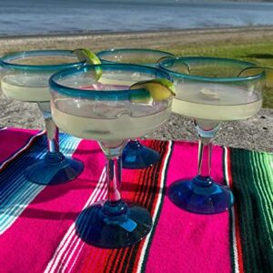 Mexican Hand Blown Glass – Set of 4 Hand Blown Margarita Glasses (16 oz) with Aqua Blue Rims