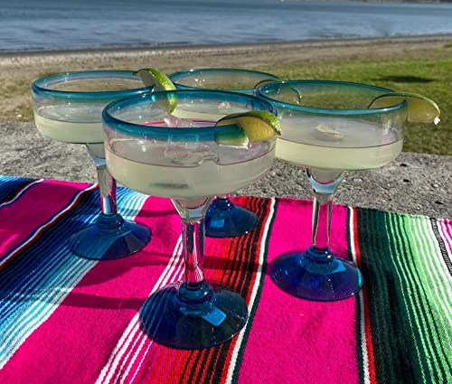 Mexican Hand Blown Glass – Set of 4 Hand Blown Margarita Glasses (16 oz) with Aqua Blue Rims