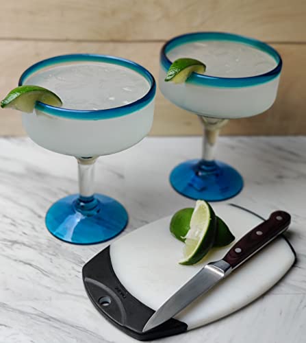 Mexican Hand Blown Glass – Set of 4 Hand Blown Margarita Glasses (16 oz) with Aqua Blue Rims