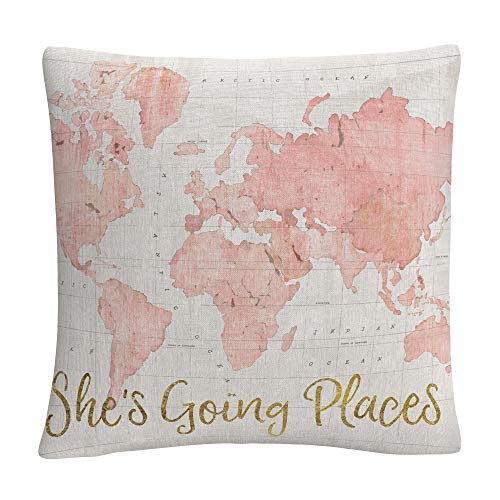 Trademark Fine Art Across The World Shes Going Places Pink by Sue Schlabach, 16x16 Decorative Throw Pillow, 1 Count (Pack of 1)