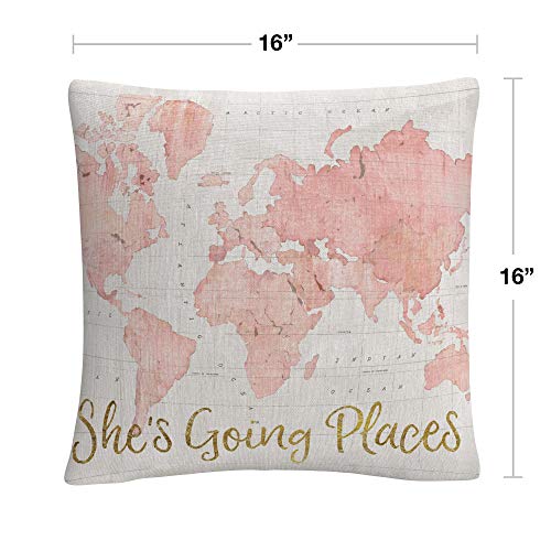 Trademark Fine Art Across The World Shes Going Places Pink by Sue Schlabach, 16x16 Decorative Throw Pillow, 1 Count (Pack of 1)