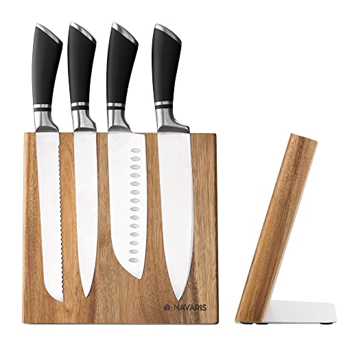 Navaris Wooden Magnetic Knife Holder - Universal Wood Magnetic Block & Organizer for Knives, Scissors, Utensils - Acacia, 9.1" x 8.9"