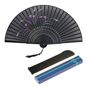 black hand fan metable silk fabric orchid pattern bamboo handheld folding fan chinese oriental style handmade for diy wall decoration wedding party dancing show props gift boxed