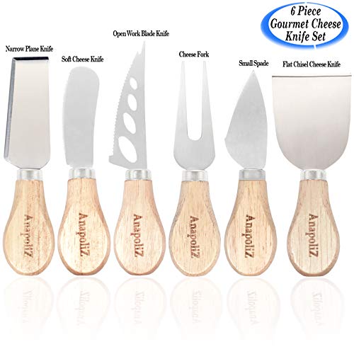 AnapoliZ Cheese Knife Set 6 Piece | Stainless Steel, Wooden Handles Knives | Narrow Plane Knife, Cheese Fork, Small Spade, Spreader, Shaver, Open Work Blade | Gourmet Cheese 6 pcs Knife Set