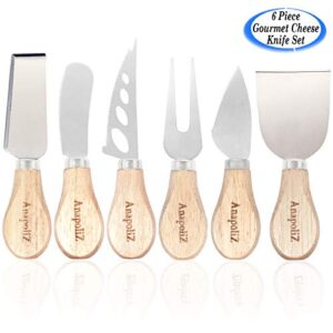 AnapoliZ Cheese Knife Set 6 Piece | Stainless Steel, Wooden Handles Knives | Narrow Plane Knife, Cheese Fork, Small Spade, Spreader, Shaver, Open Work Blade | Gourmet Cheese 6 pcs Knife Set