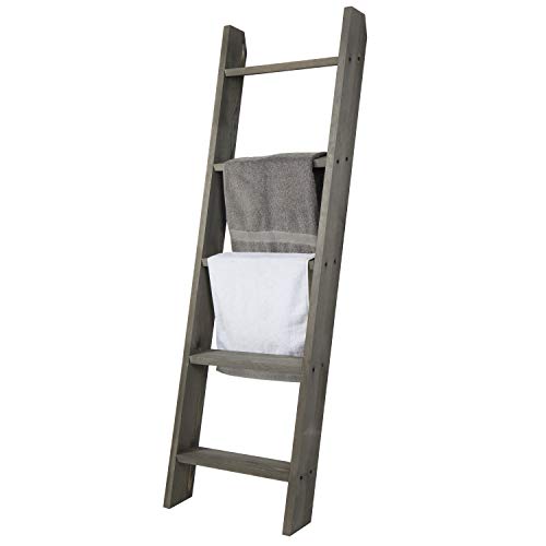 MyGift Large Vintage Gray Wood Ladder Blanket Ladder, Farmhouse Style Wall Leaning Towel Rack with 5 Rungs