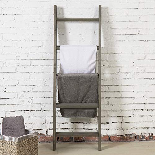 MyGift Large Vintage Gray Wood Ladder Blanket Ladder, Farmhouse Style Wall Leaning Towel Rack with 5 Rungs