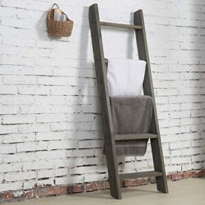 MyGift Large Vintage Gray Wood Ladder Blanket Ladder, Farmhouse Style Wall Leaning Towel Rack with 5 Rungs