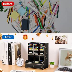 Marbrasse Wooden Desk Organizer, Multi-Functional DIY Pen Holder, Pen Organizer for desk, Desktop Stationary, Easy Assembly, Home Office Art Supplies Organizer Storage with Drawer (B11-Black)