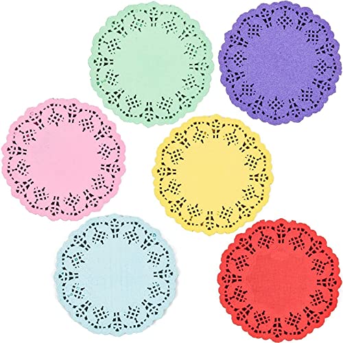 Mini Round Paper Lace Doilies, Rainbow Placemats (6 Colors, 600 Pack)