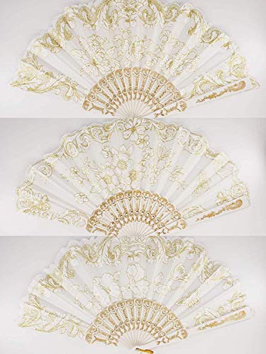 12 Pc Mix Spanish Style White and Gold Glitter Floral Pattern Folding Fan for Wedding Party Decor/Sweet 15 favors/Dancing Hand Fan/Table Setting/Wall Decoration/Out Door Wedding/Wedding Gift