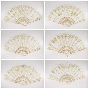 12 Pc Mix Spanish Style White and Gold Glitter Floral Pattern Folding Fan for Wedding Party Decor/Sweet 15 favors/Dancing Hand Fan/Table Setting/Wall Decoration/Out Door Wedding/Wedding Gift